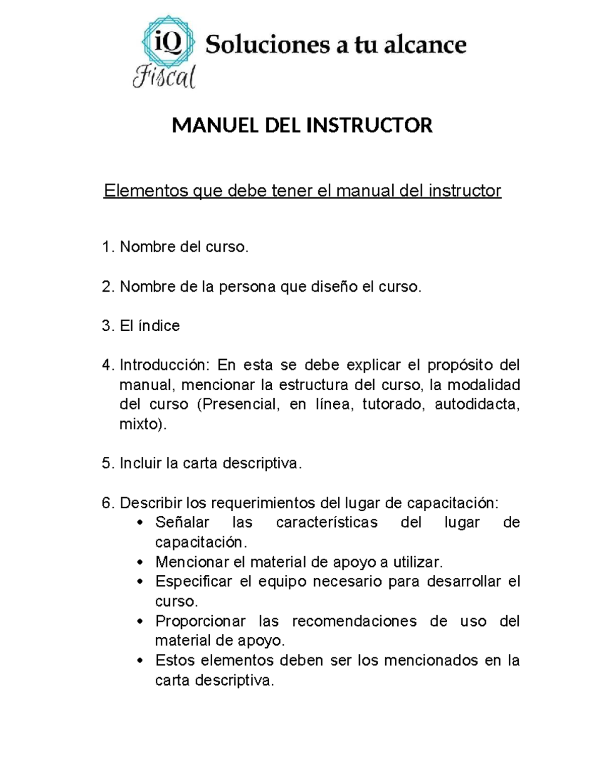 MANUAL DEL INSTRUCTOR: Elementos Esenciales y Recomendaciones - Studocu