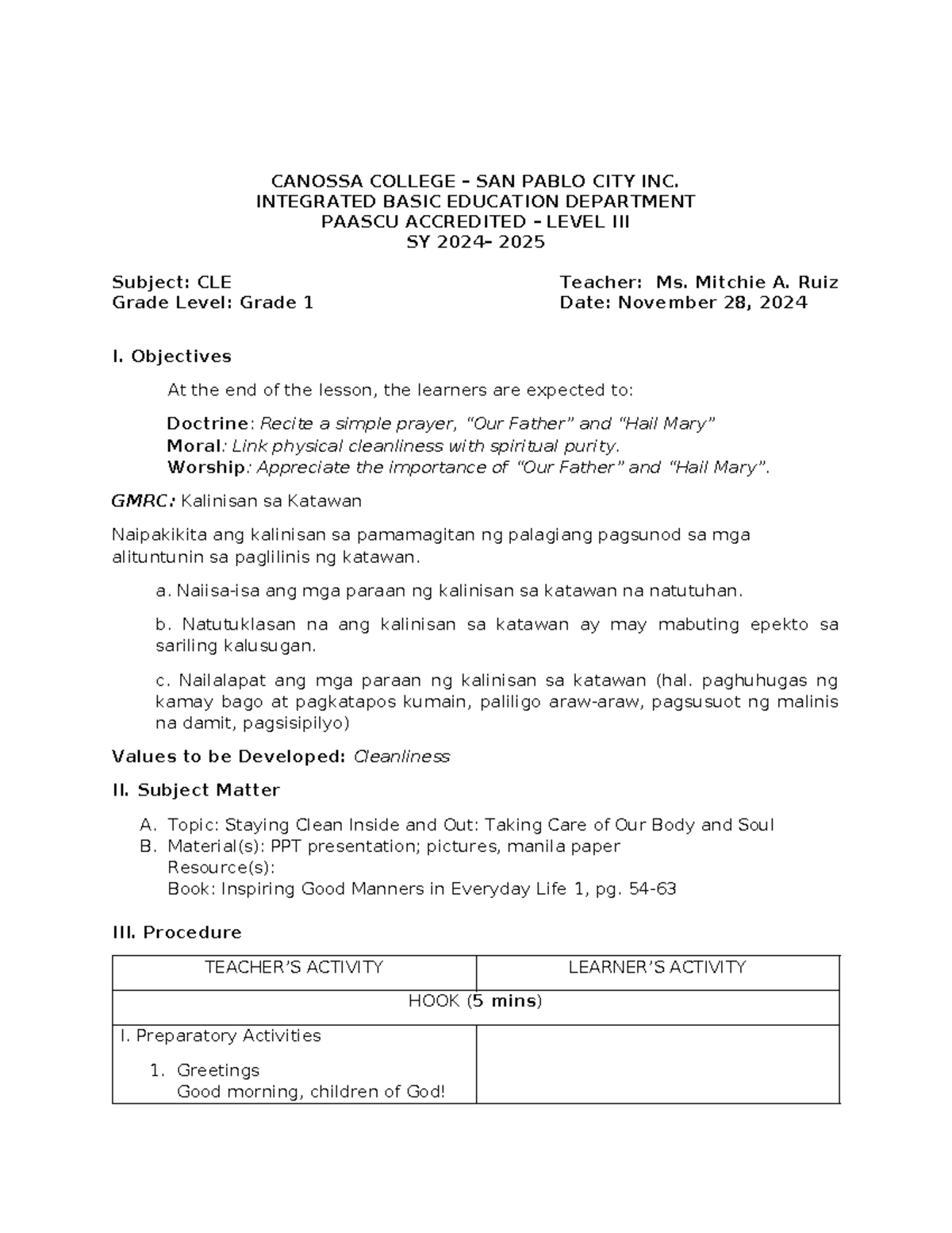 CLE Lesson plan - CANOSSA COLLEGE – SAN PABLO CITY INC. INTEGRATED ...