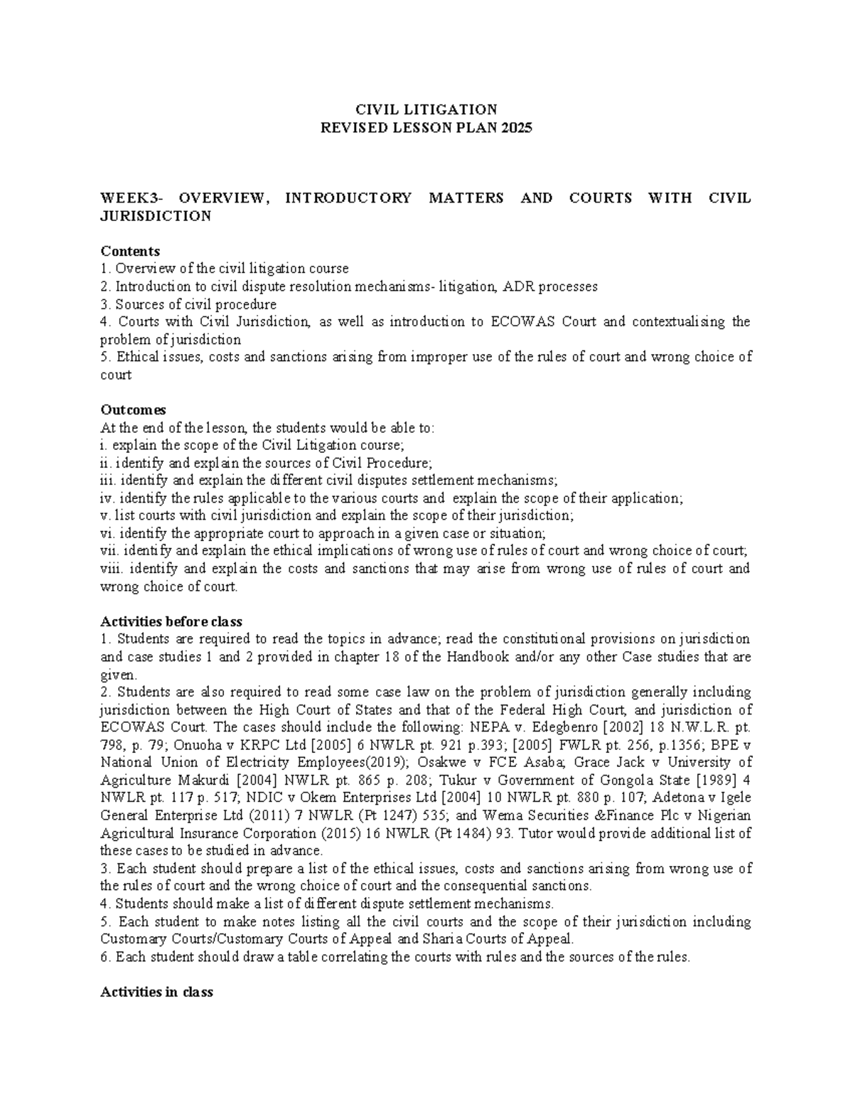 CIVIL LITIGATION 2025: REVISED LESSON PLAN & WEEKLY OVERVIEW - Studocu