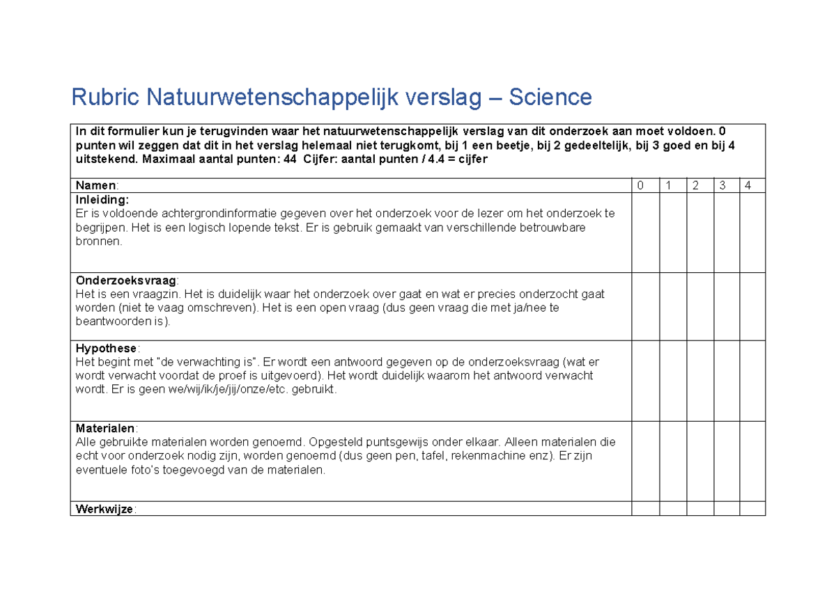 Rubric voor Natuurwetenschappelijk verslag - Science Evaluatie ...