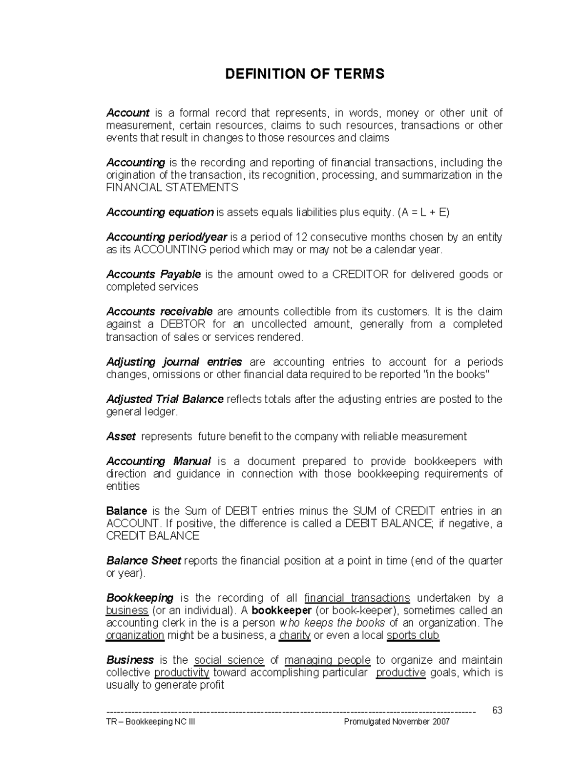 TR Bookkeeping NC III - scefcec - 63 DEFINITION OF TERMS Account is a ...