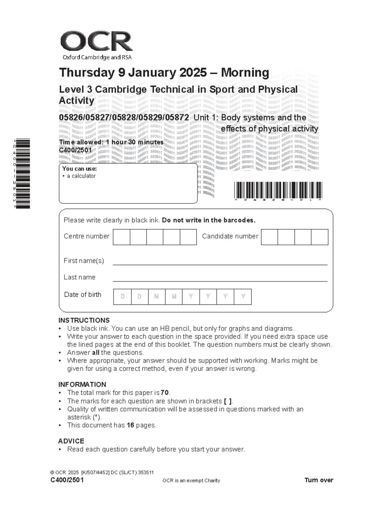 OCR Level 3 Cambridge Technical in Sport & Physical Activity Exam - Jan ...