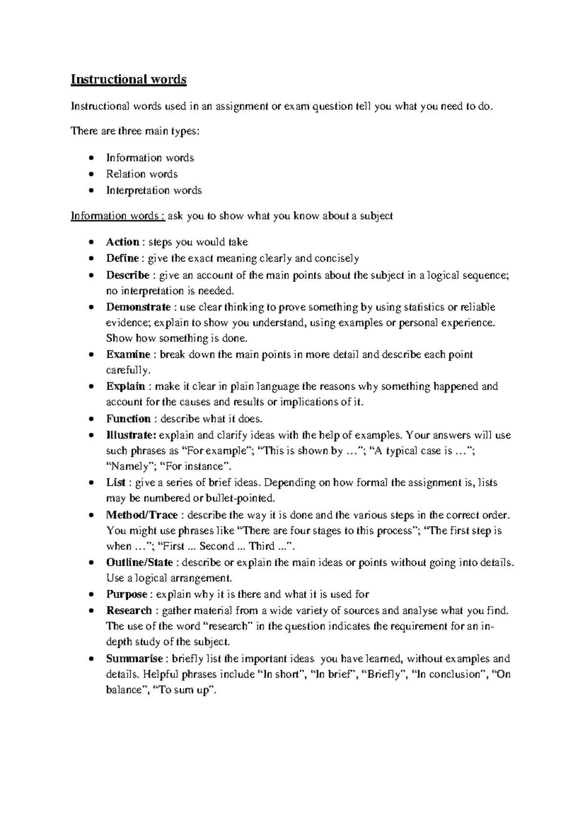 Instructional Words in Exam Questions: Their Meaning & Use - Studocu