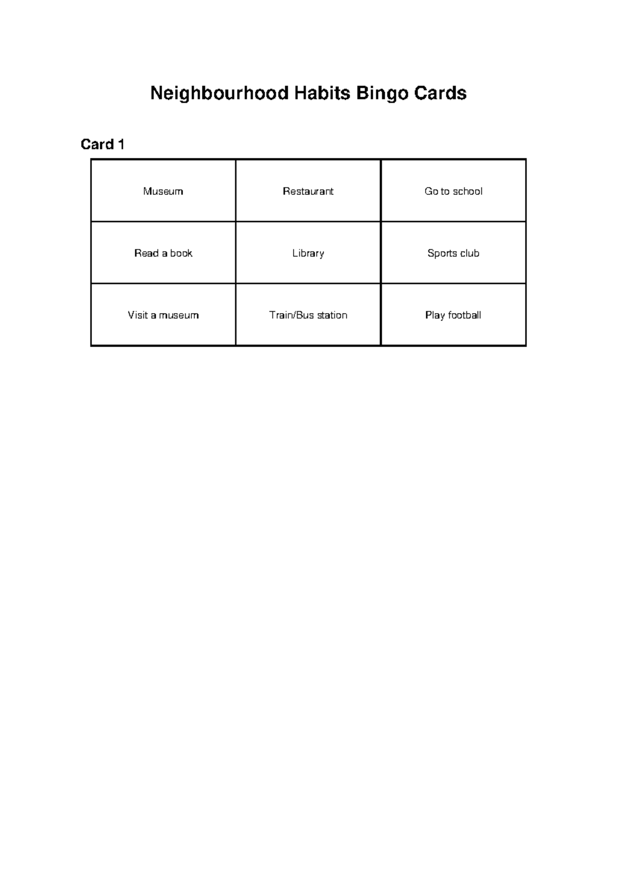 Neighbourhood Habits Bingo Cards - 12 Unique Cards - Studocu