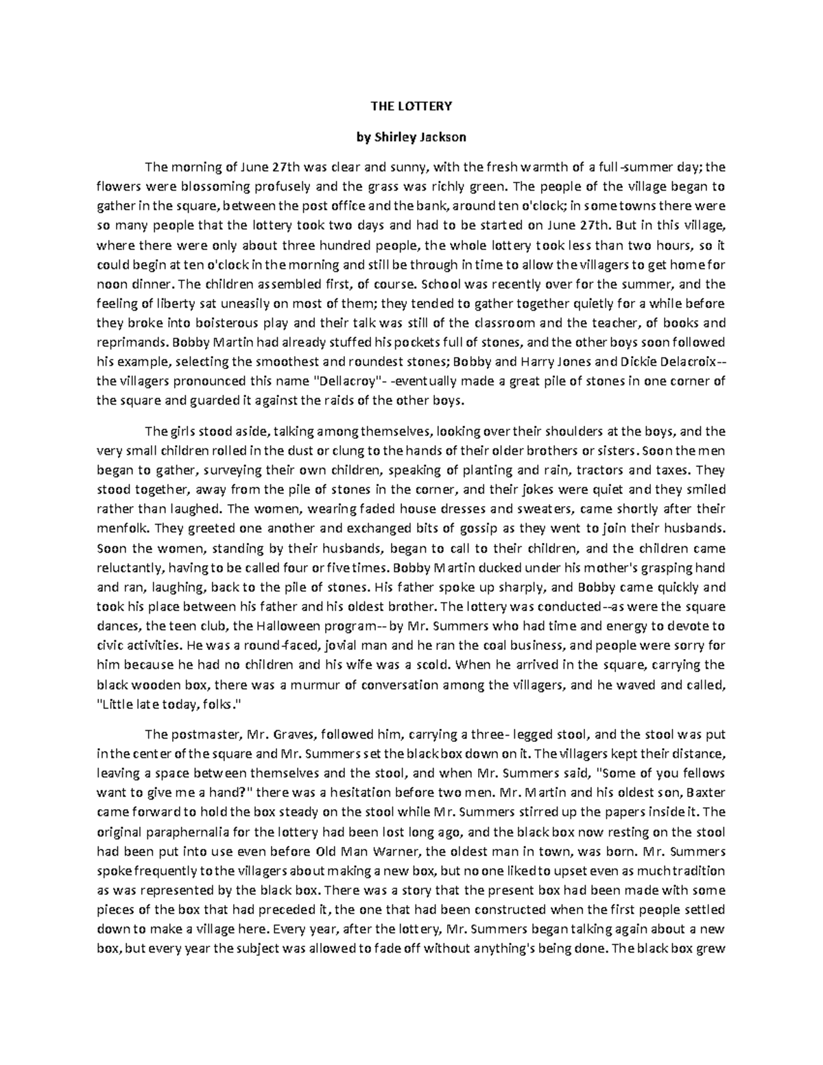 THE LOTTERY: Analysis of Shirley Jackson's Short Story - Studocu