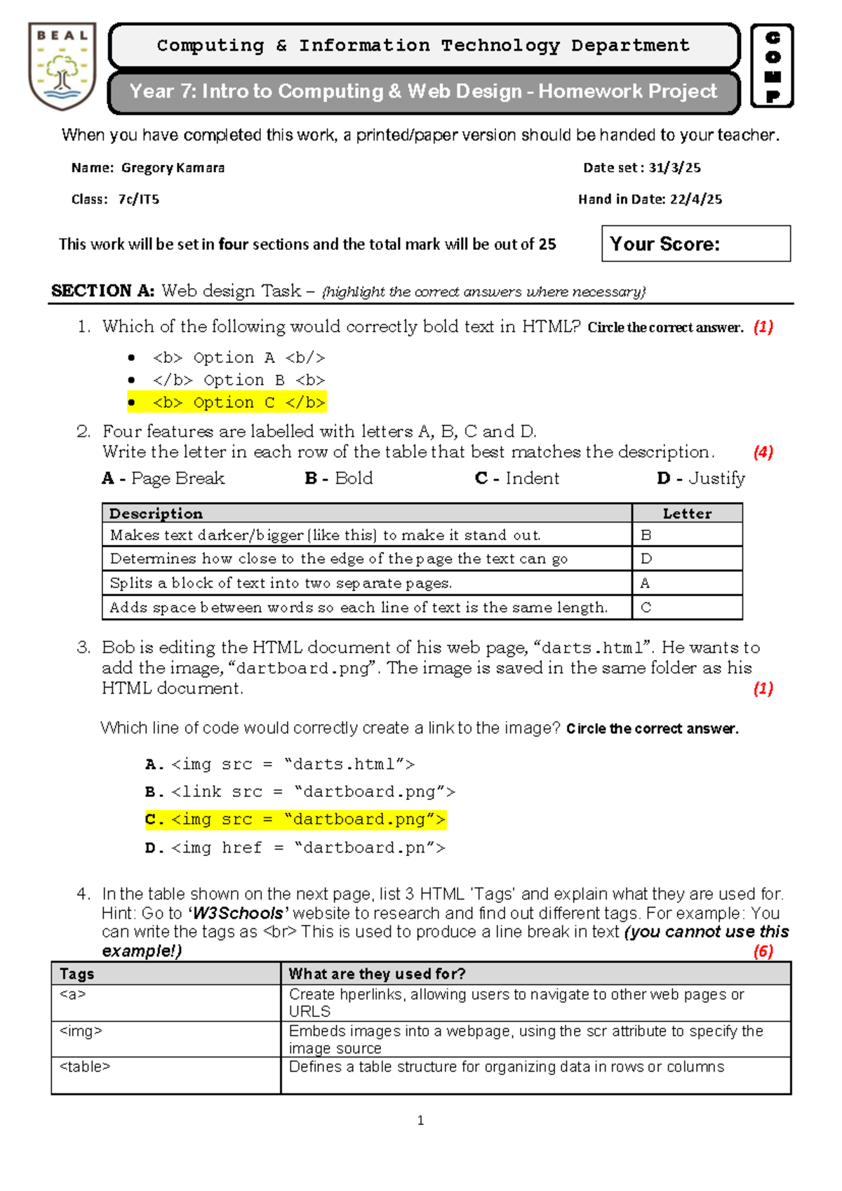 Yr7 - HW3 - Introduction to computing and Web design 1 1 - 1 Computing ...