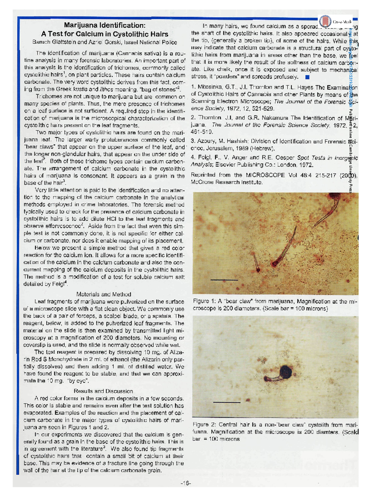 Marijuana Identification (Forensic Analysis): Calcium in Cystolithic ...