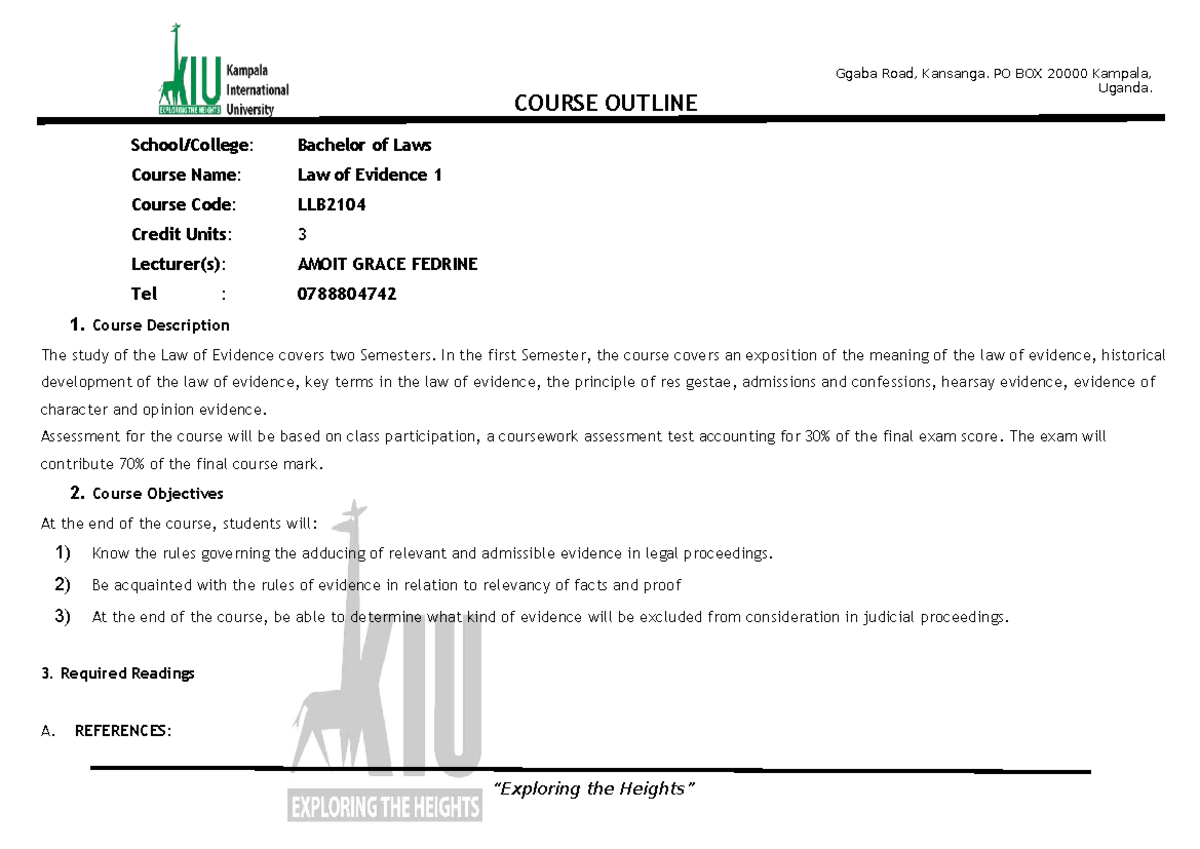 LAW OF EVIDENCE 1 Course Outline - LLB2104 - Studocu