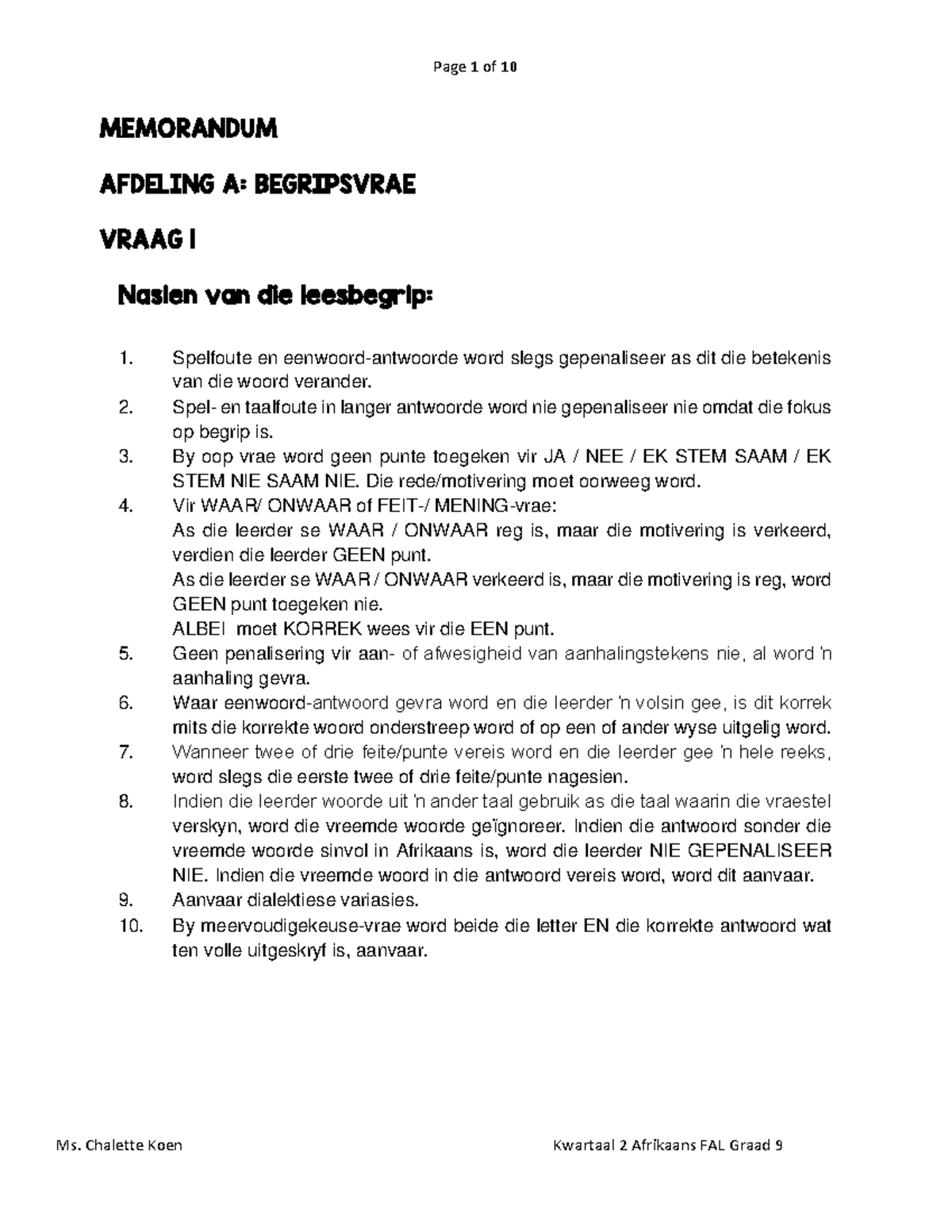 Graad 9 Afrikaans FAL Kwartaal 2 Toets Memorandum - Studocu