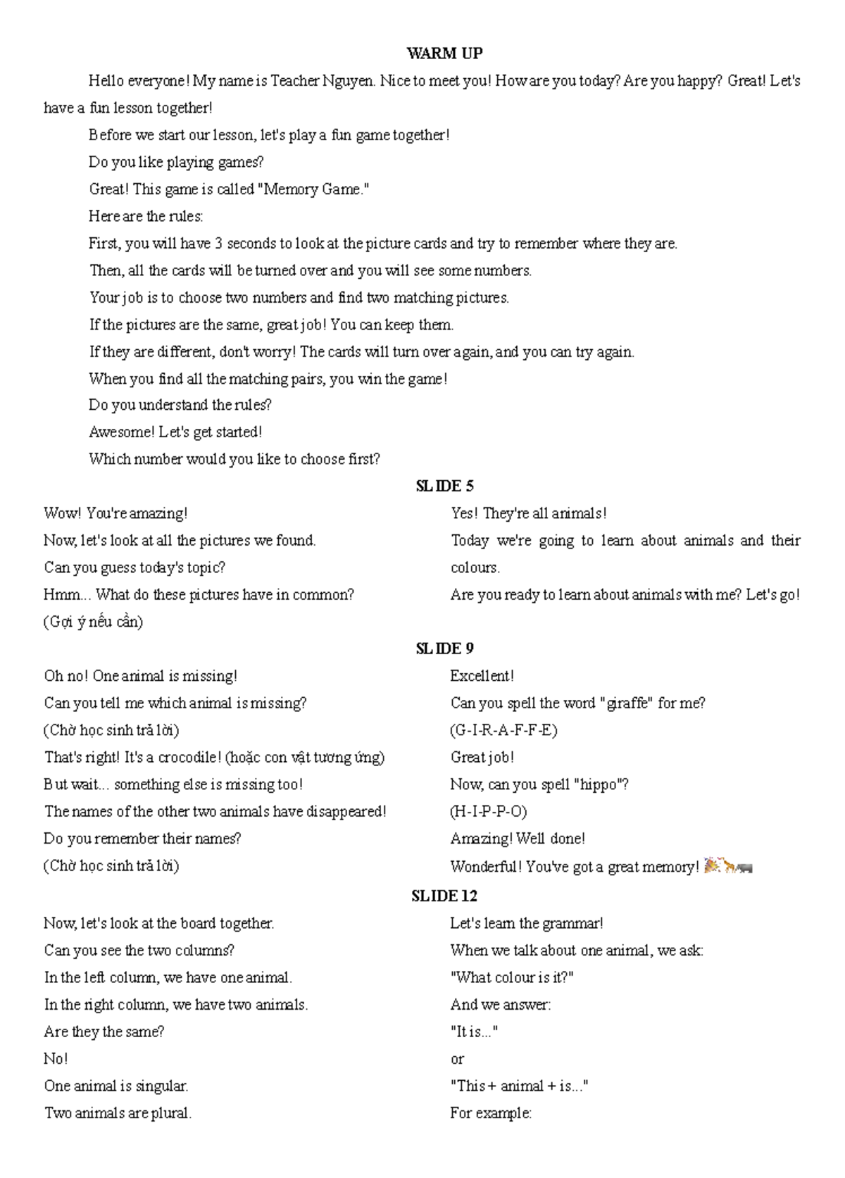 Fun Animal Matching Game - Lesson Script - FHGFJHF - Studocu