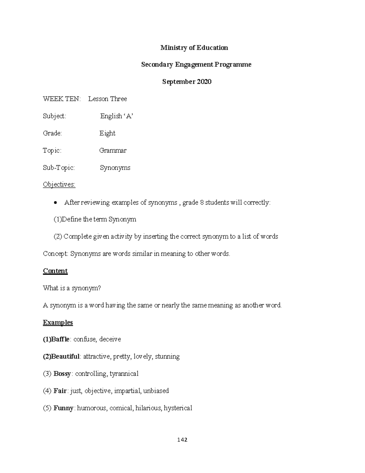 ENG 8 Lesson Plan: Understanding Synonyms in Grammar - Studocu