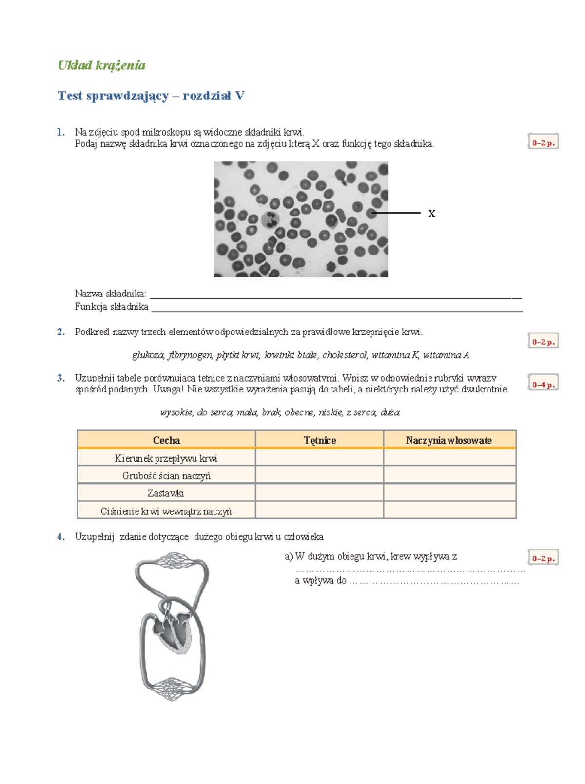 Biologia test 02 - Układ krążenia Test sprawdzający – rozdział V Na ...