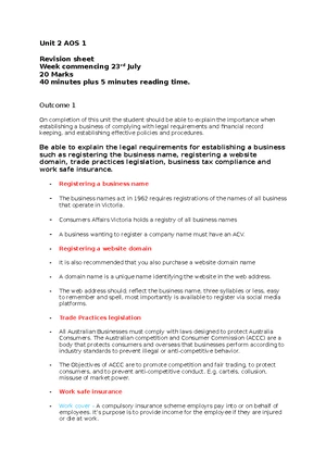 Year 11 Business Management Unit 1 Exam Revision Sheet - Year 11 ...