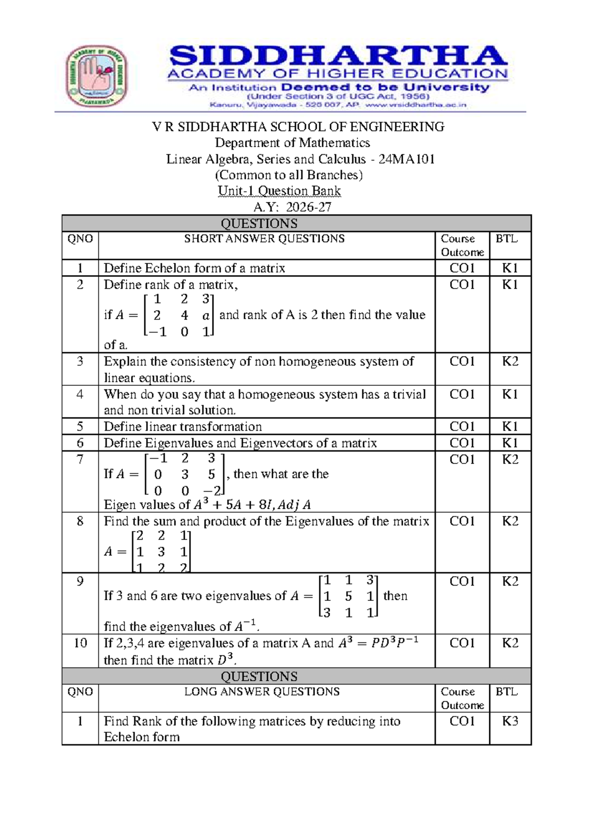 24MA101 Linear Algebra Question Bank Unit-1 2026-27 - Studocu