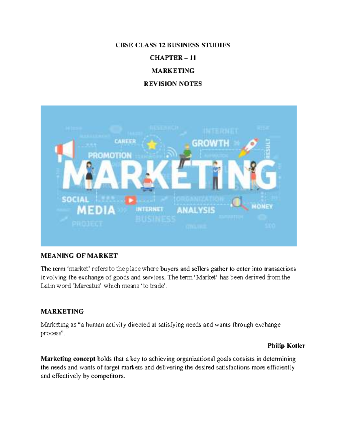 CBSE CLASS 12 BUSINESS STUDIES CHAPTER 11 MARKETING REVISION NOTES ...