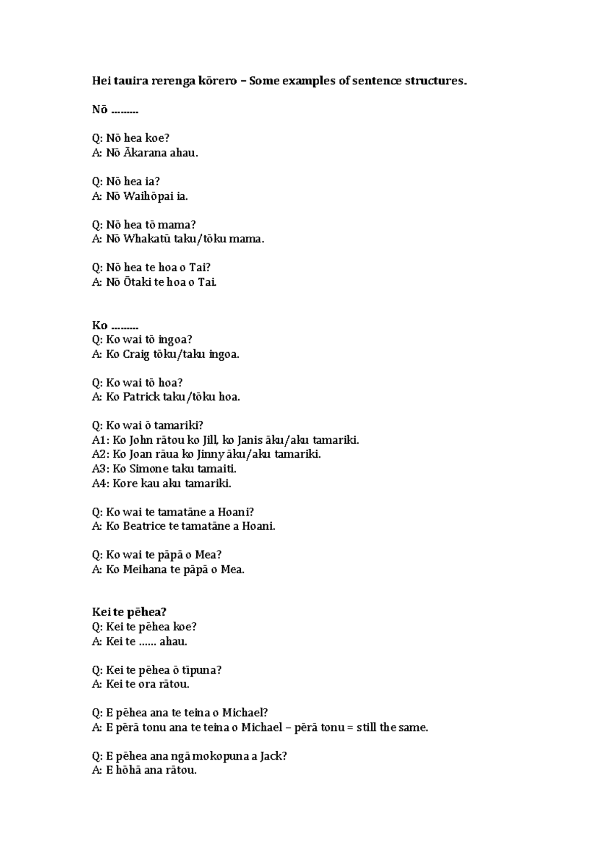 Hei tauira rerenga kōrero – Sentence Structures Examples (3) - Studocu
