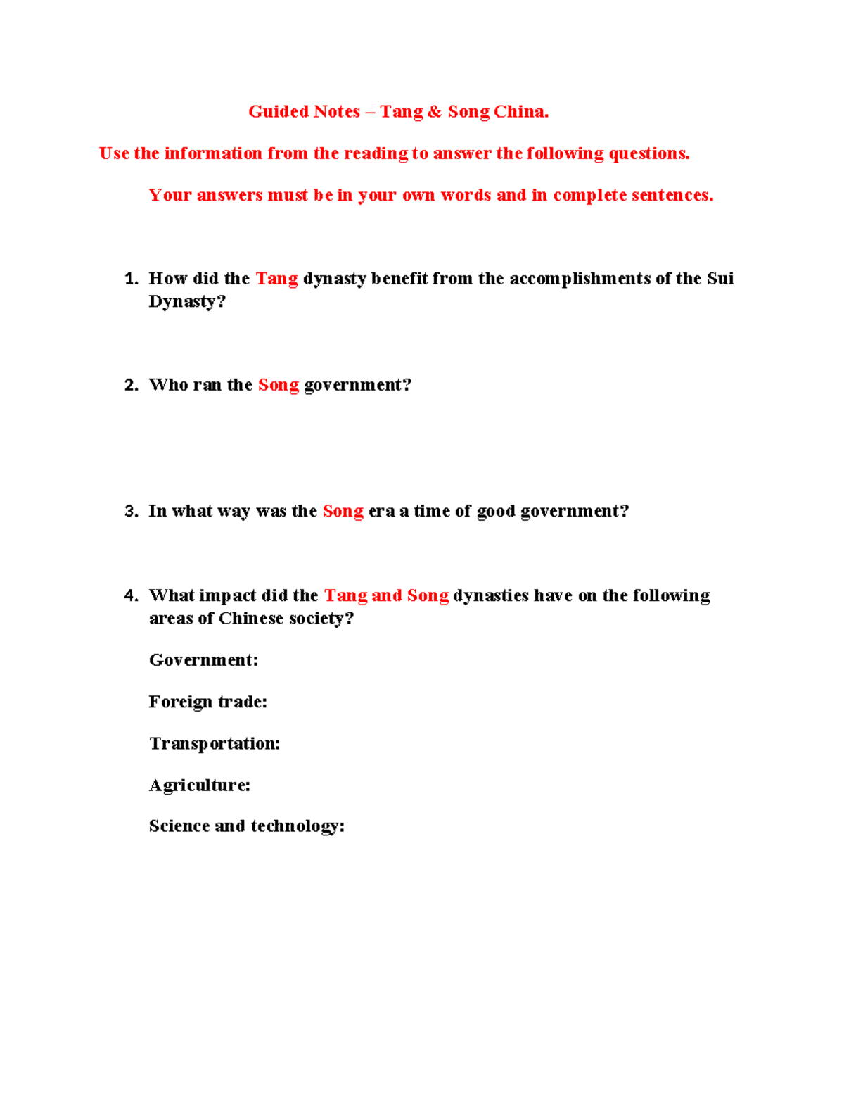 Guided Notes: Understanding the Tang and Song Dynasties - Guided Notes ...