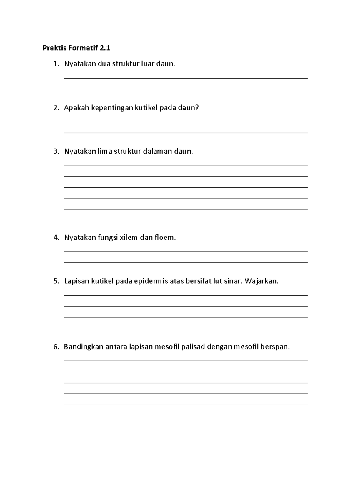Latihan Formatif Biologi: BAB 2 T5 - Struktur dan Fungsi Daun - Studocu