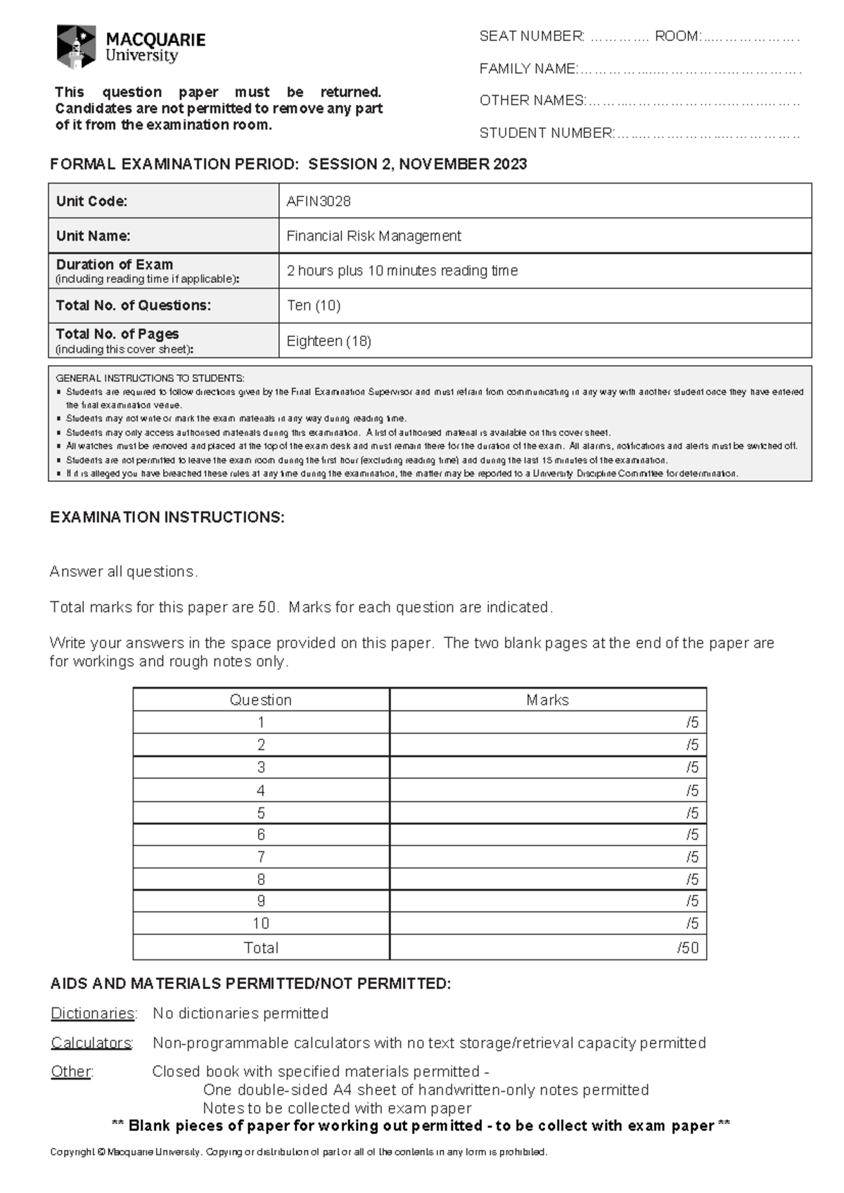 AFIN3028 2023S2 - Financial Risk Management Formal Exam Paper - Studocu