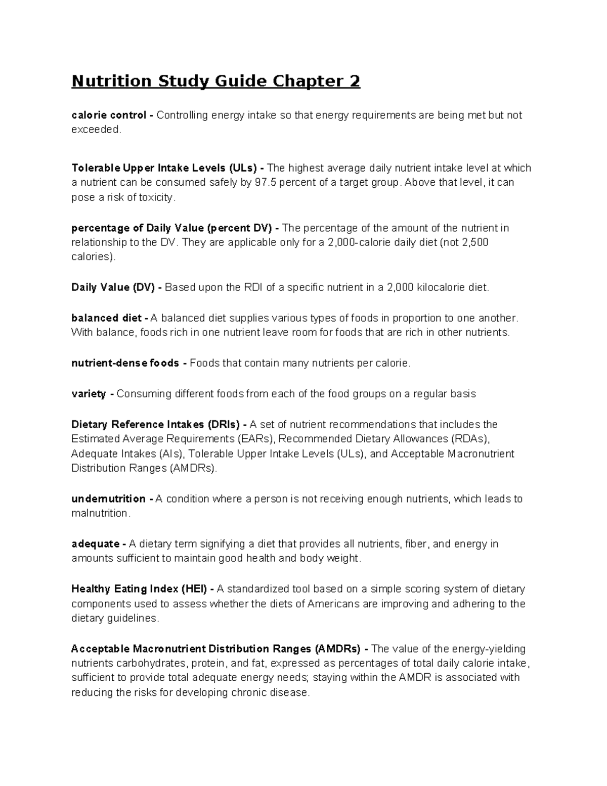 Nutrition Study Guide CH 2: Calorie Control & Dietary Reference Intakes ...