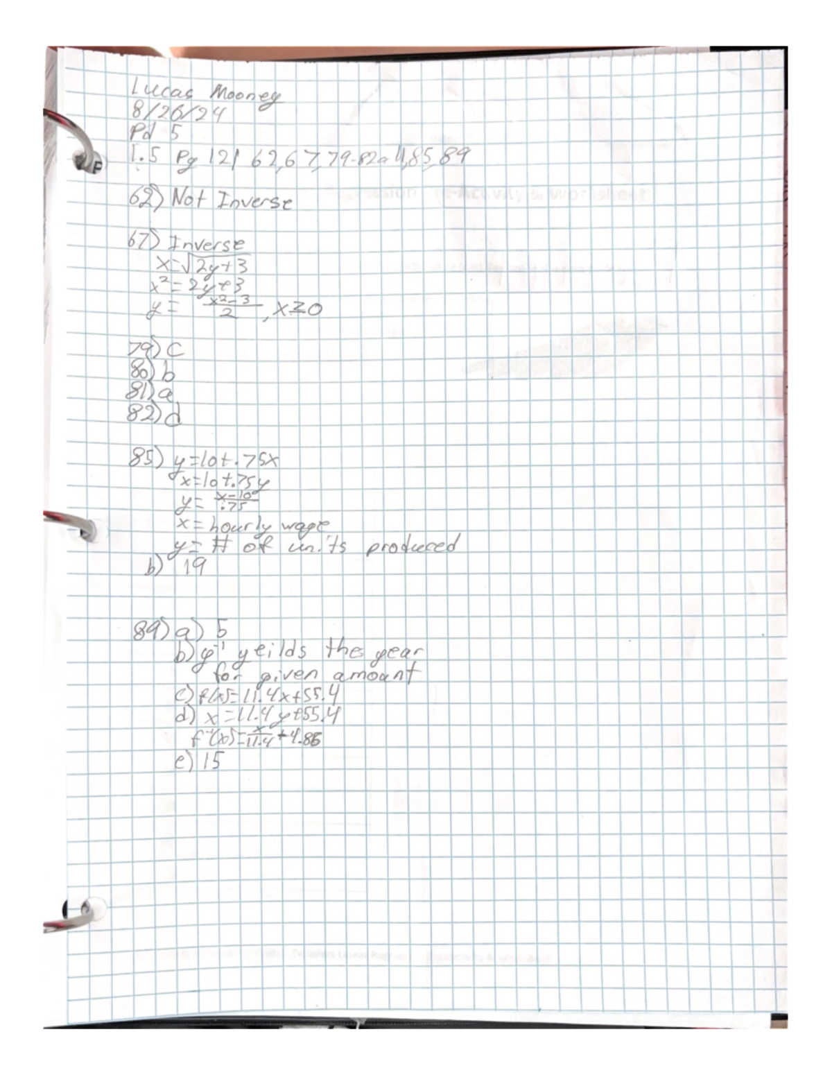 Unit 4 Homerwork - Lucas Mooney pd 5 1 Pg 626 62) Not Inverse 675 ...