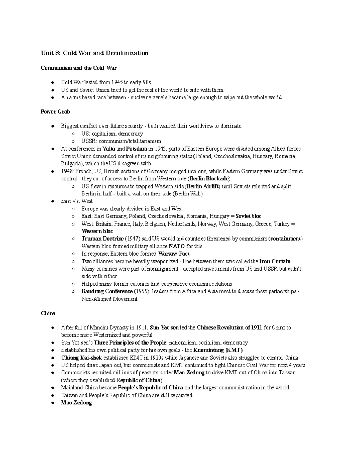 APWH Unit 8: Cold War, Decolonization & Key Events Summary - Studocu