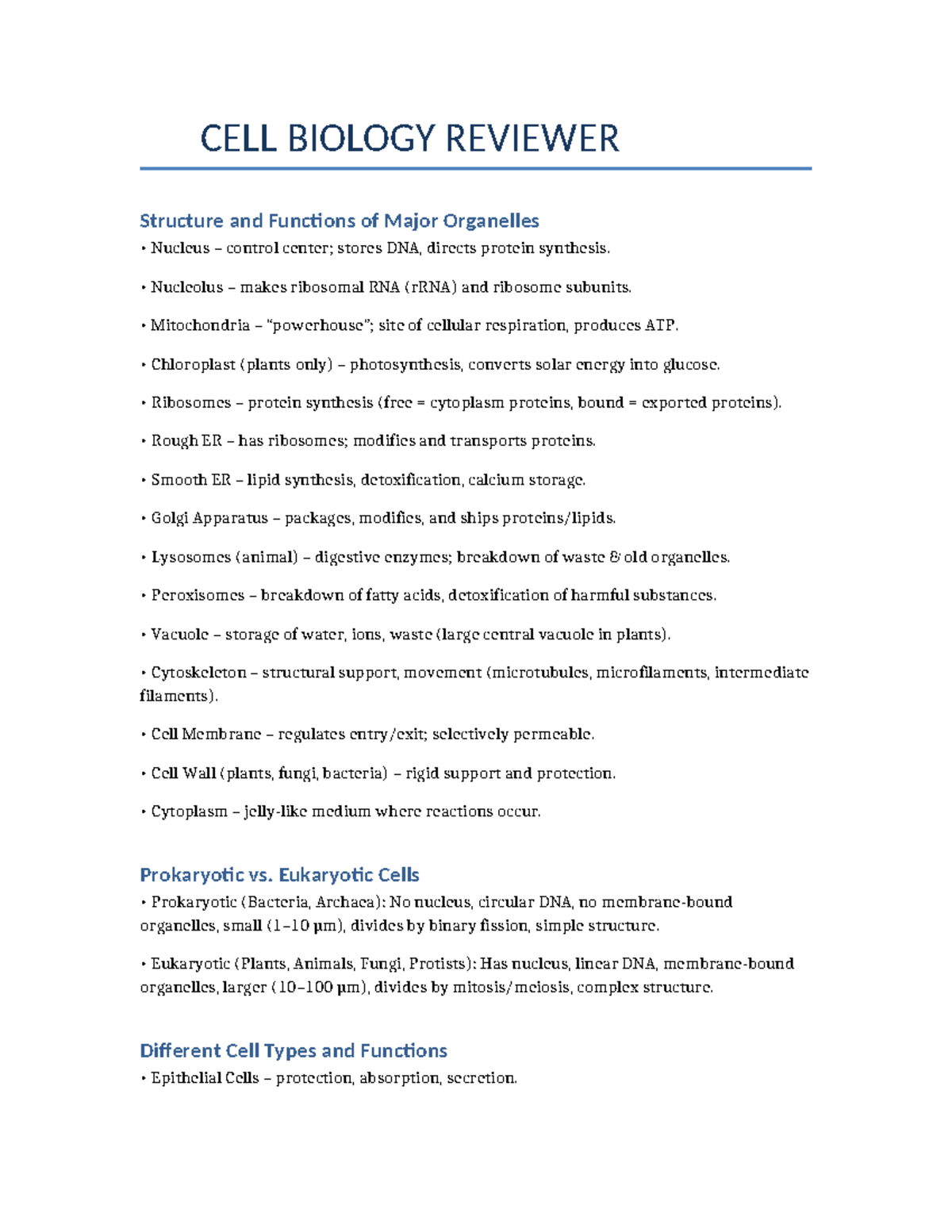 CELL BIOLOGY REVIEWER: Structure & Functions of Organelles - Studocu