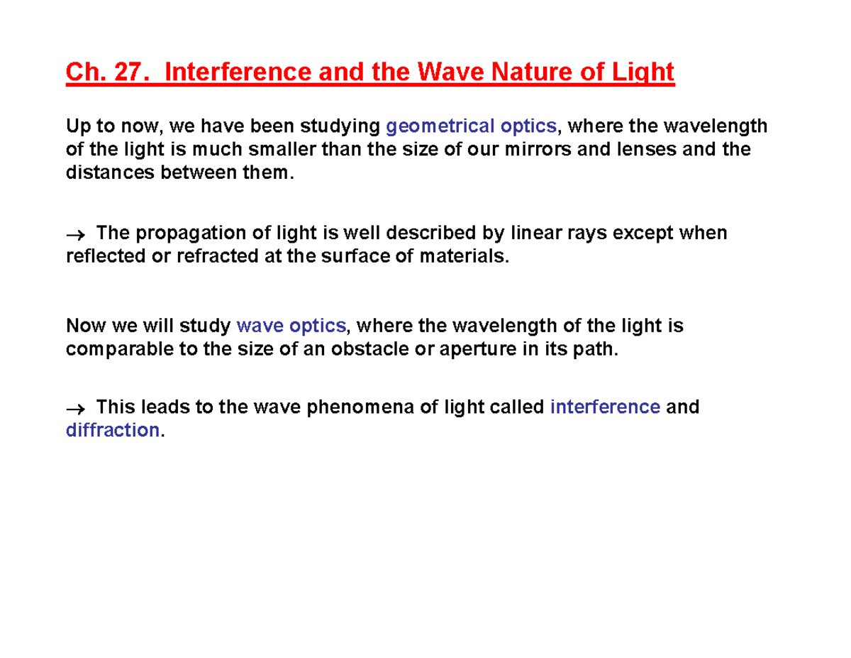 Ch. 27: Interference and Wave Nature of Light - SEM 2 Notes - Studocu