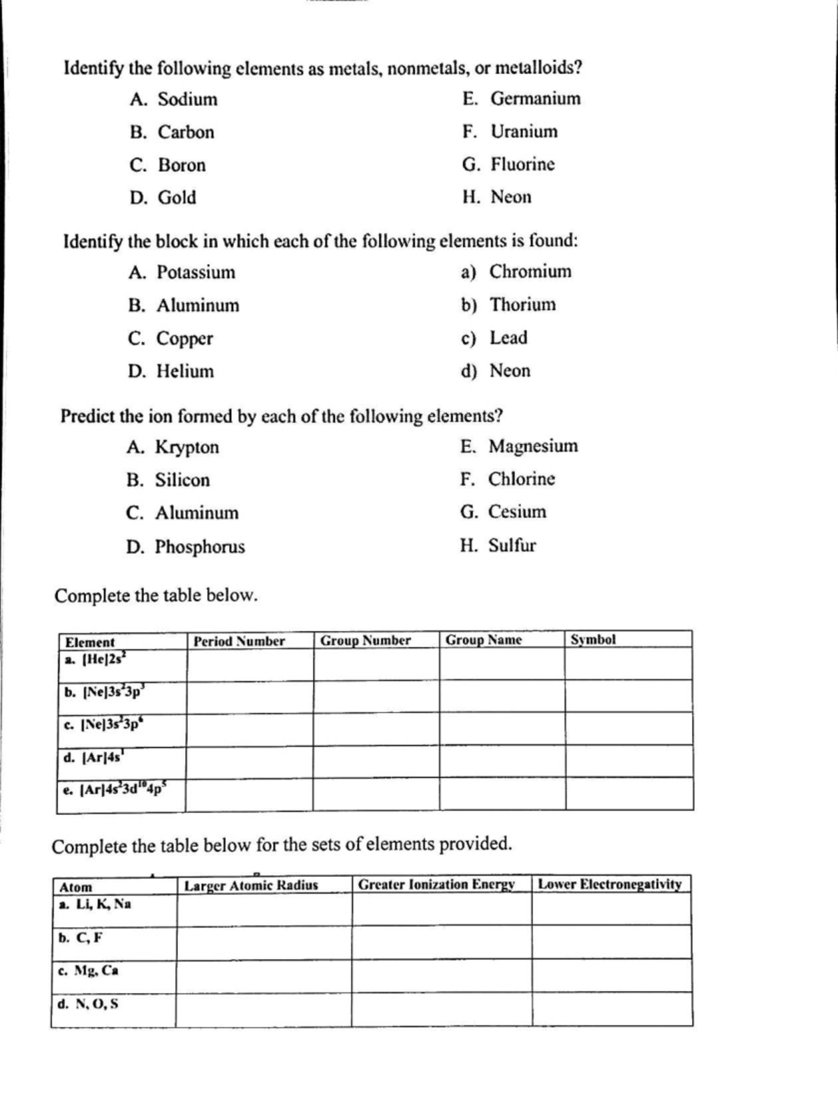 Supplemental Periodic Table Practice (Chem 101) - Studocu