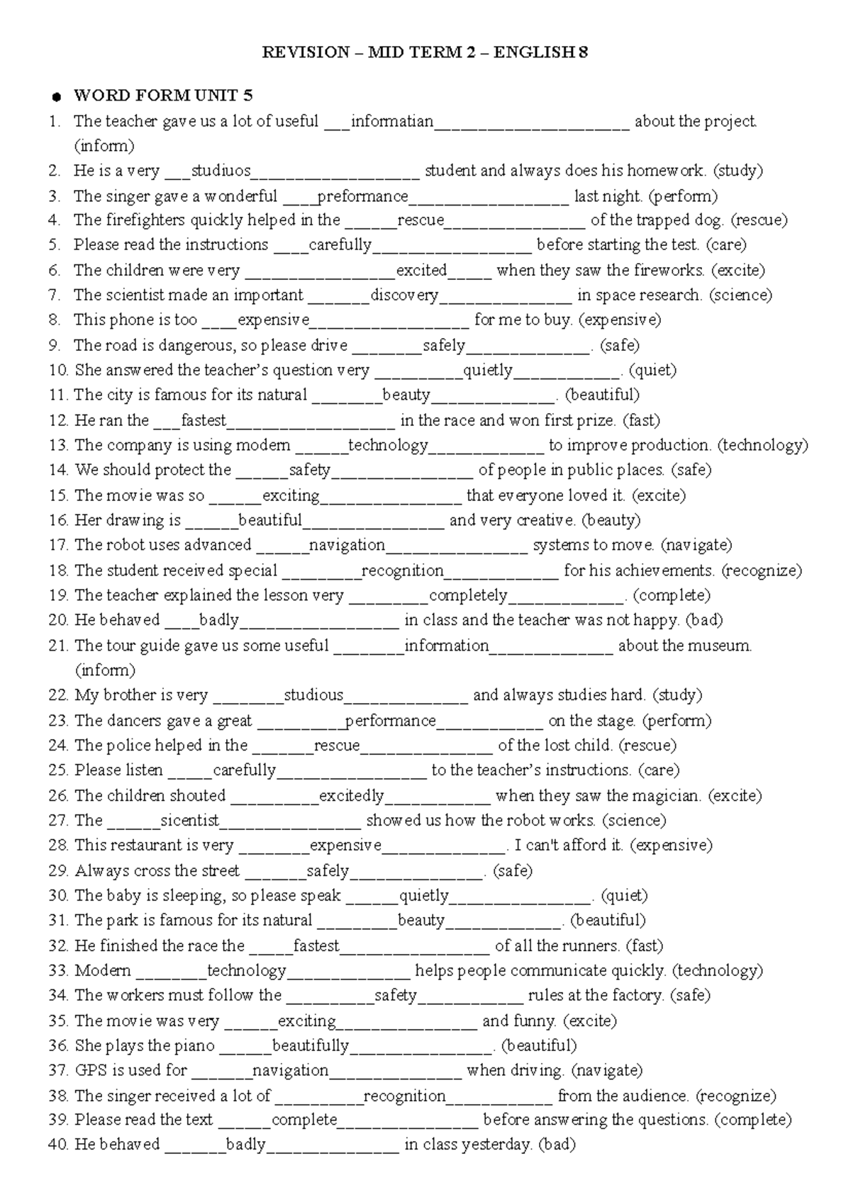 Revision Midterm 2 - English 8: Word Form Unit 5 & 6 - Studocu