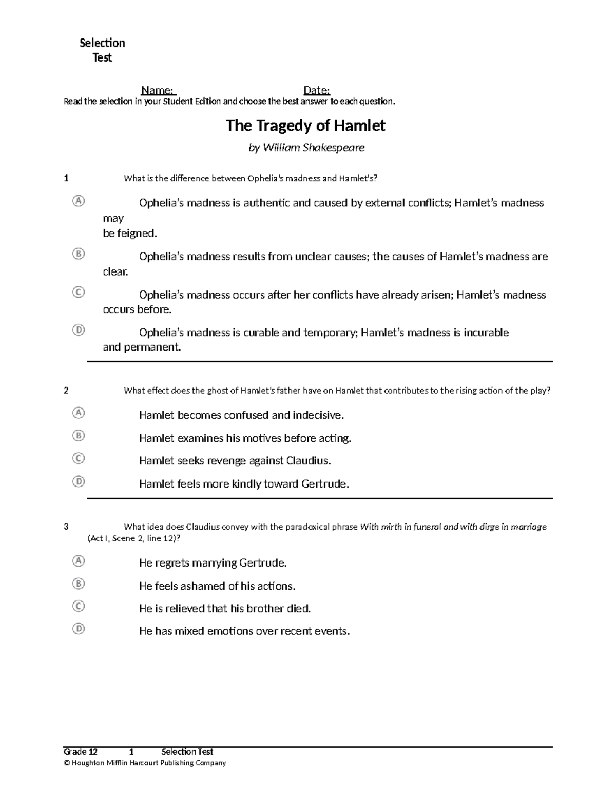 Grade 12 Selection Test: Key Themes and Conflicts in The Tragedy of ...