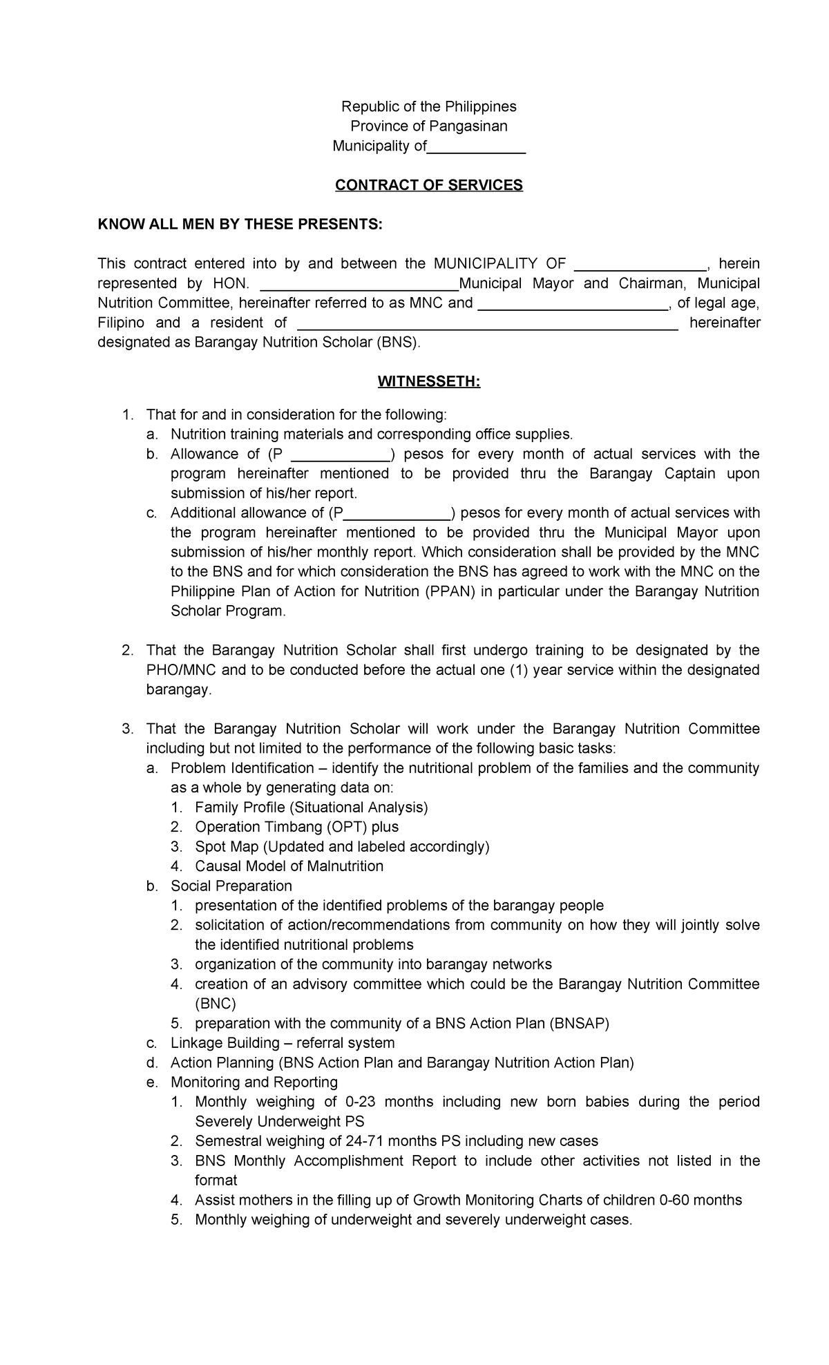 Contract of Service for Barangay Nutrition Scholars (BNS) - Studocu