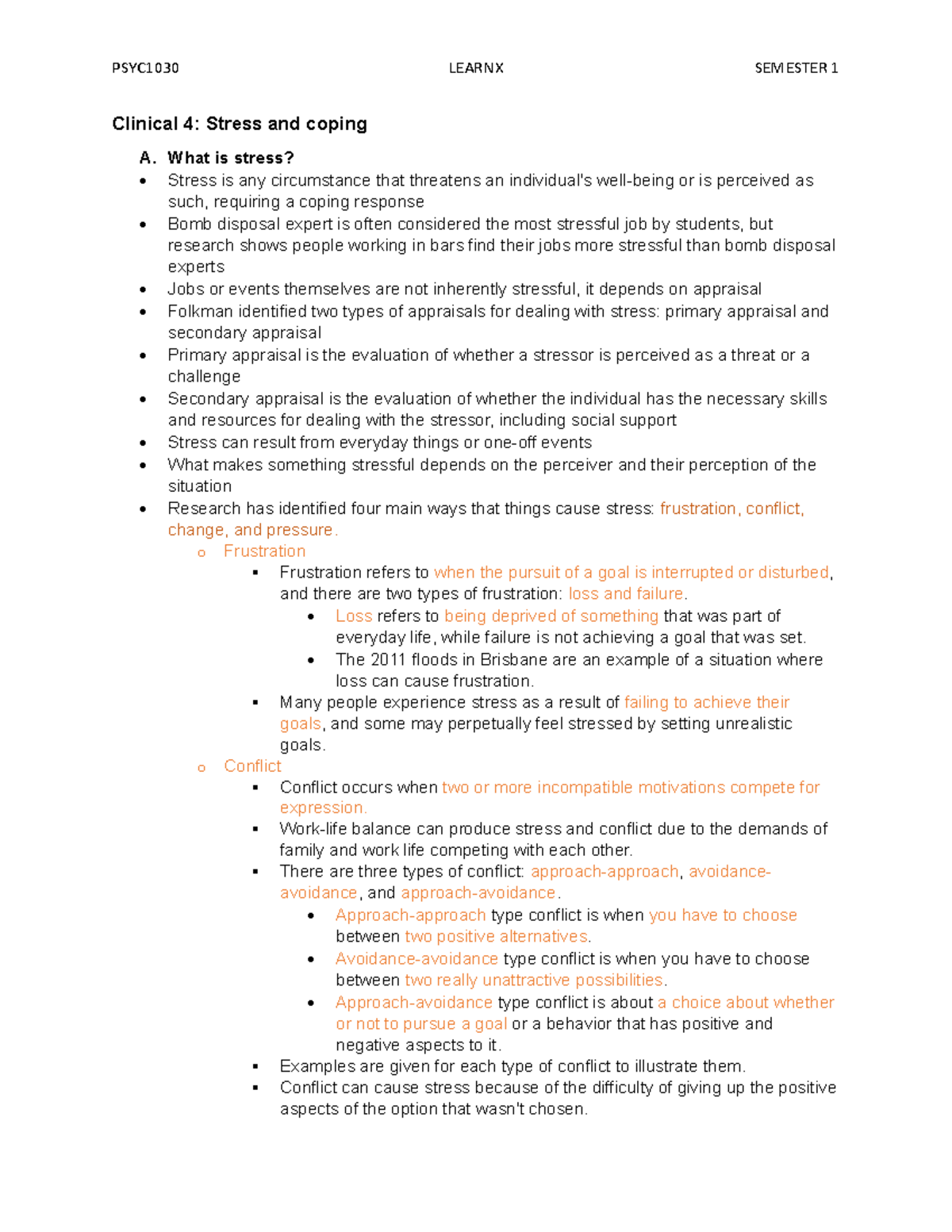 PSYC1030 LEARNX SEMESTER 1 Lecture Notes: Clinical 4 on Stress and ...