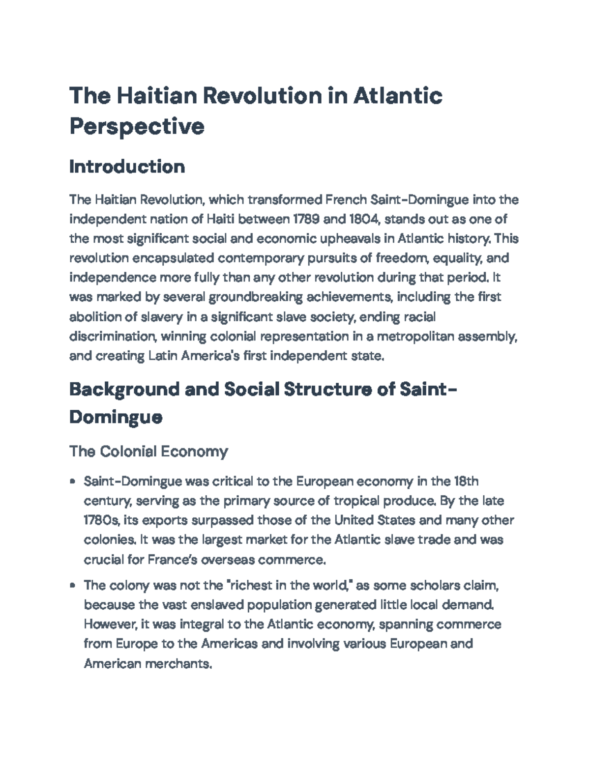 HIST 210: The Haitian Revolution - Social and Economic Transformations ...