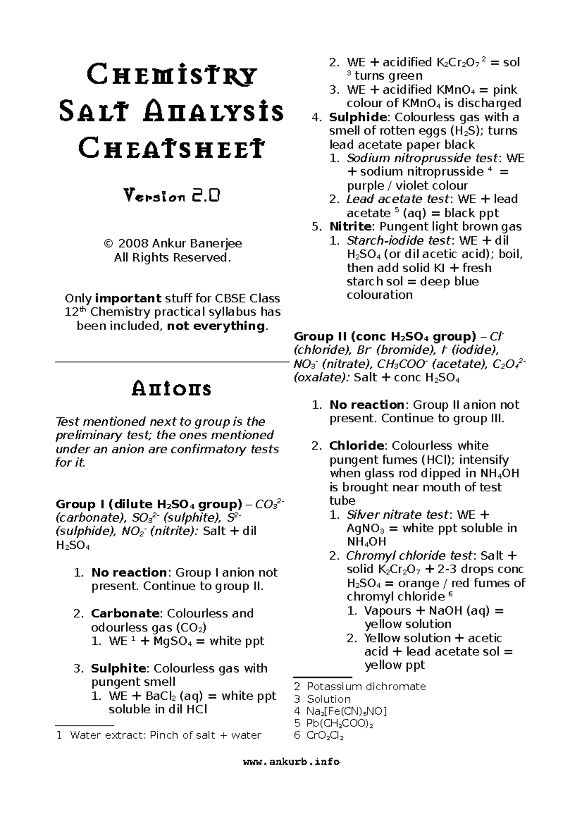 Chemistry Salt Analysis Cheatsheet for CBSE Class 12 Practical - Studocu