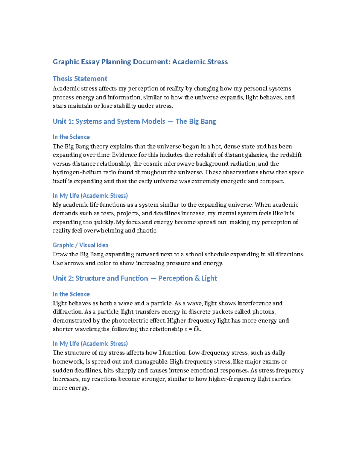 Academic Stress Graphic Essay Planning Document: Thesis & Concepts ...