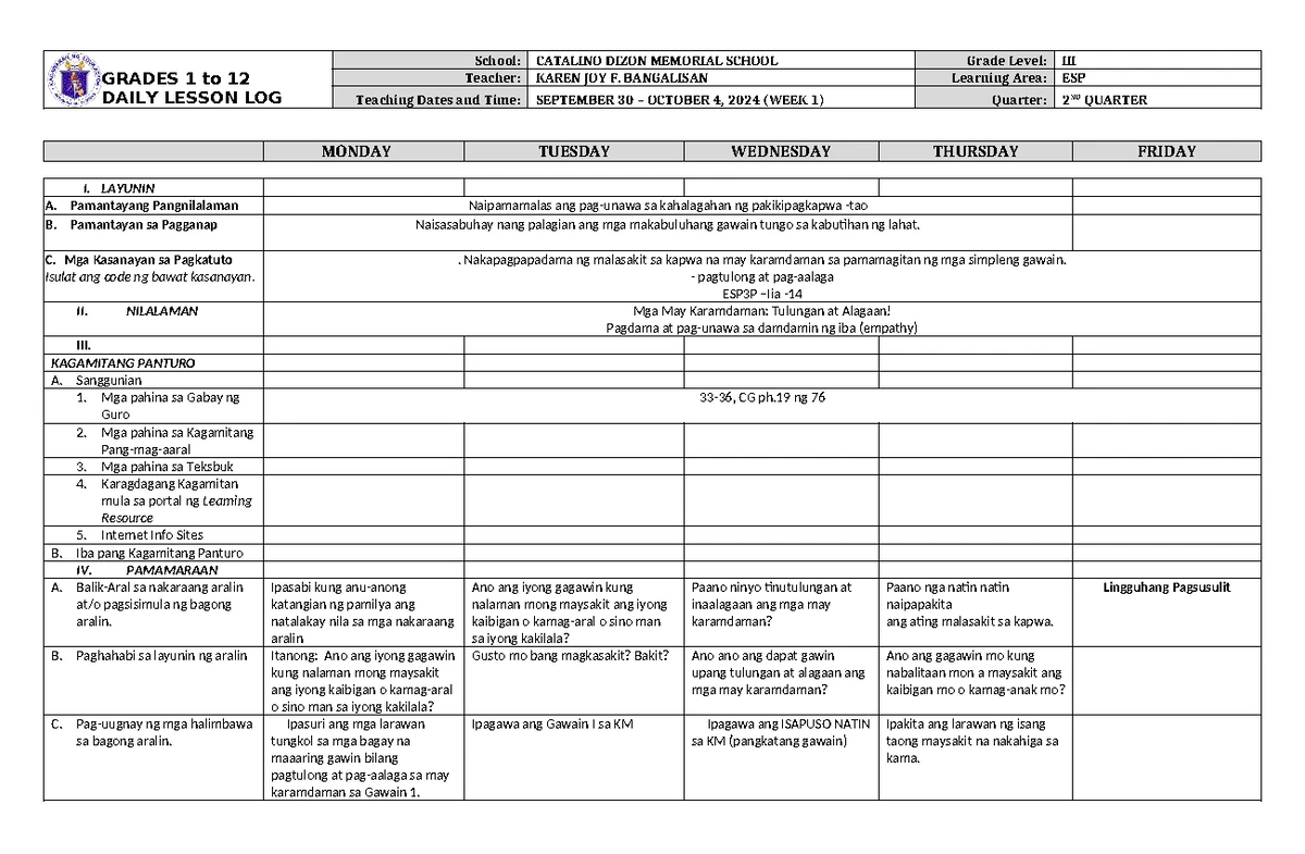 DLL Mathematics 3 Q2 W1 - Lesson Overview and Reflection for Educators ...
