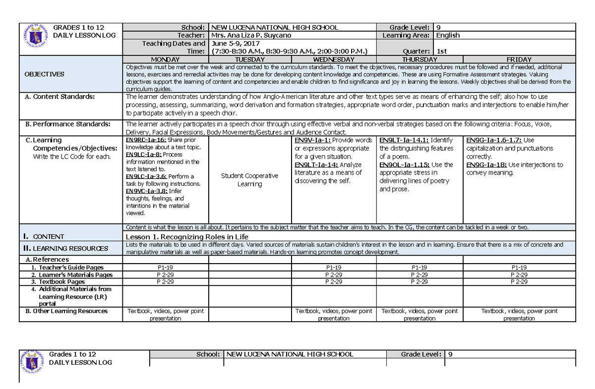 GRADES 1 to 12 DAILY LESSON LOG: English 9 Lesson Plans and Objectives ...
