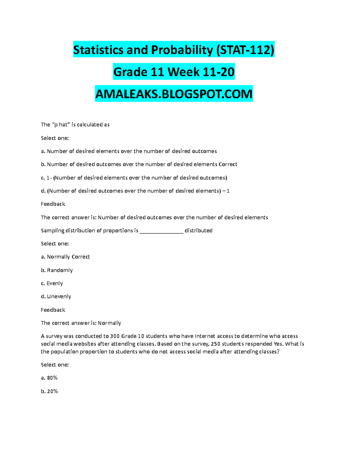 Statistics (STAT-112) Week 11-20: Understanding Proportions and Errors ...