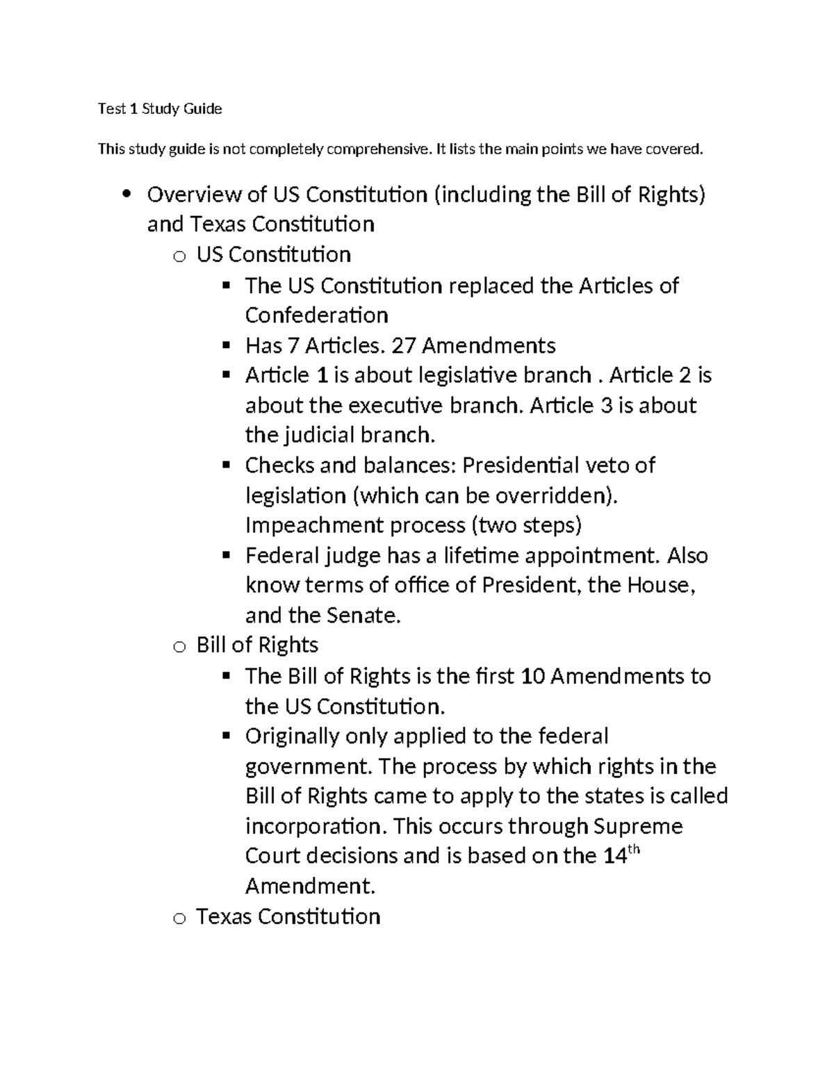 US & TX Constitution Test 1 Study Guide: Key Points Overview - Studocu