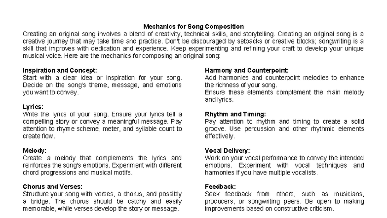 Mechanics of Song Composition: Crafting Original Music - Studocu