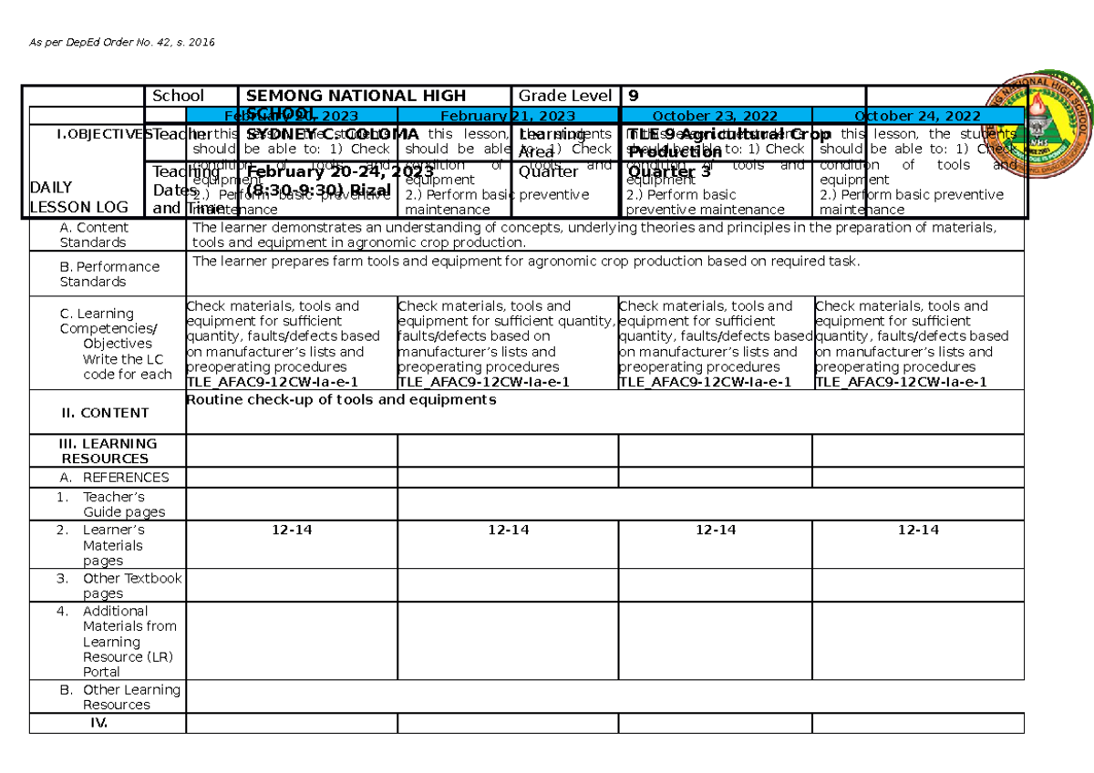 DLL TLE 9 Q3 W2 - Daily Lesson Log on Tool Maintenance & Checks - Studocu