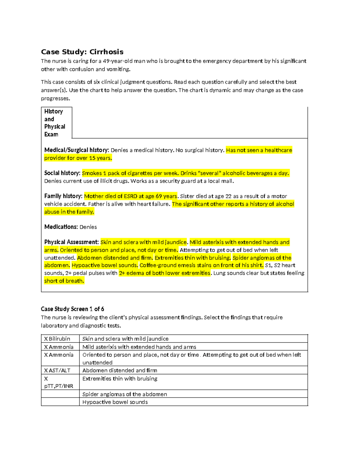 NGN Case Study: Clinical Assessment of Cirrhosis in Adult Patient - Studocu