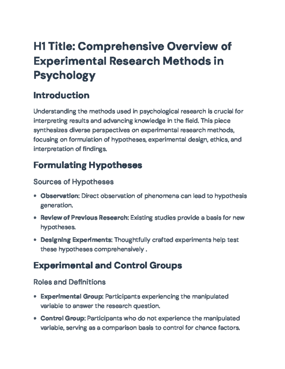 Comprehensive Guide to Experimental Research Methods in Psychology - H1 ...