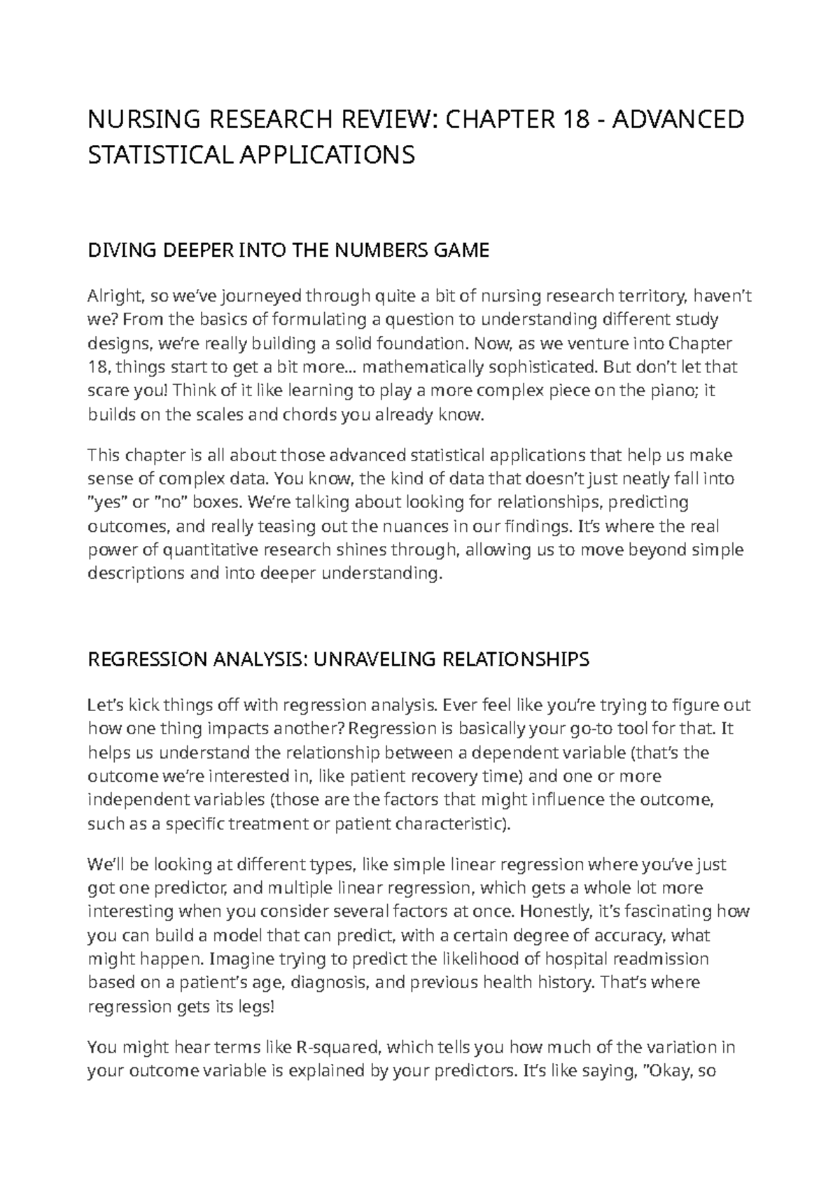 NURSING RESEARCH REVIEW: CHAPTER 18 ADVANCED STATISTICAL APPLICATIONS - Studocu