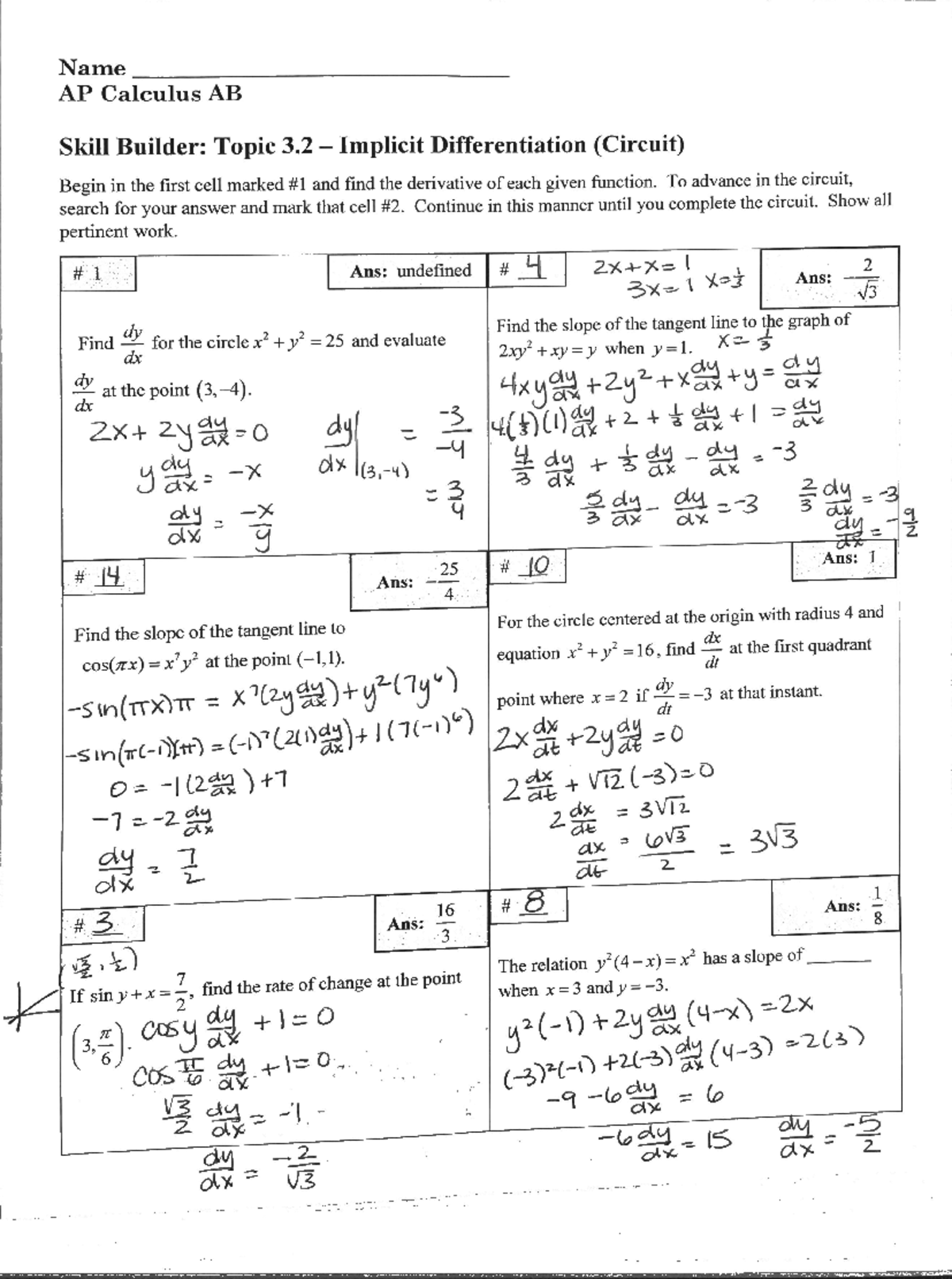 AP Calculus AB Skill Builder: Topic 3 Implicit Differentiation - Studocu