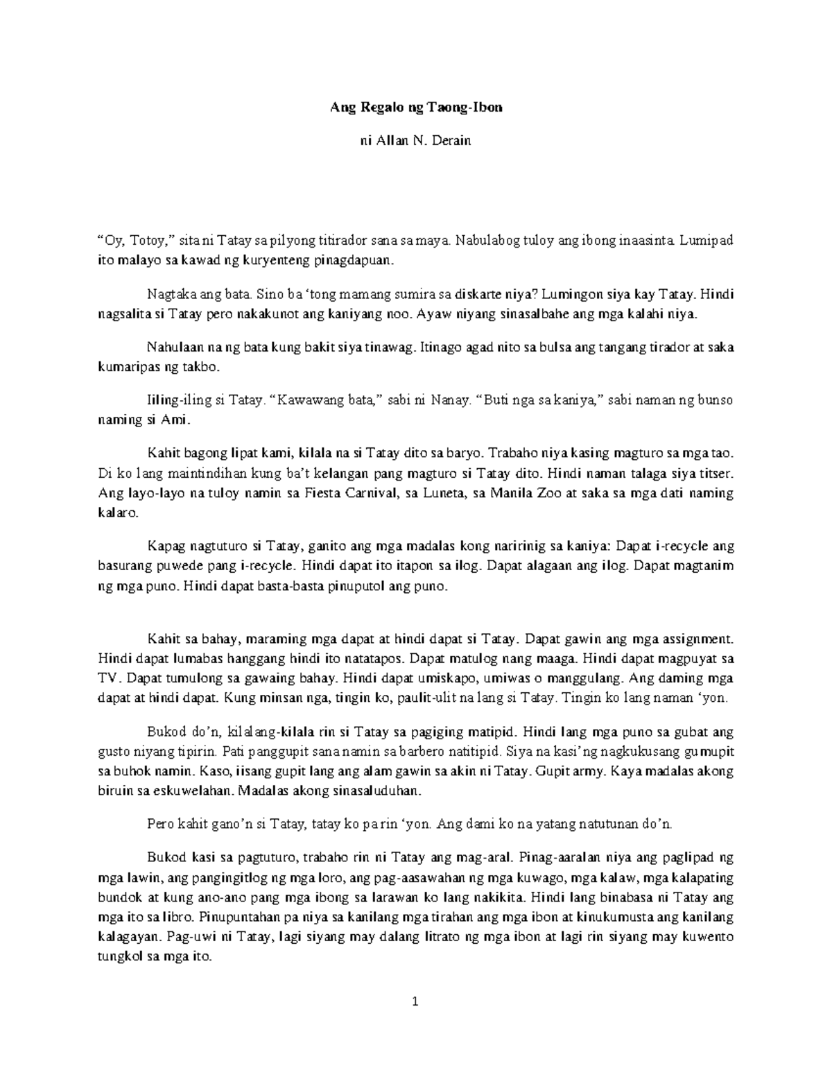 250133286 Essay on "Ang Regalo ng Taong Ibon" by Allan N. Derain - Studocu
