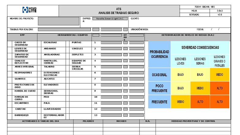 FORM - SSOMA - 001: Análisis de Trabajo Seguro para Novolite S.A.C ...