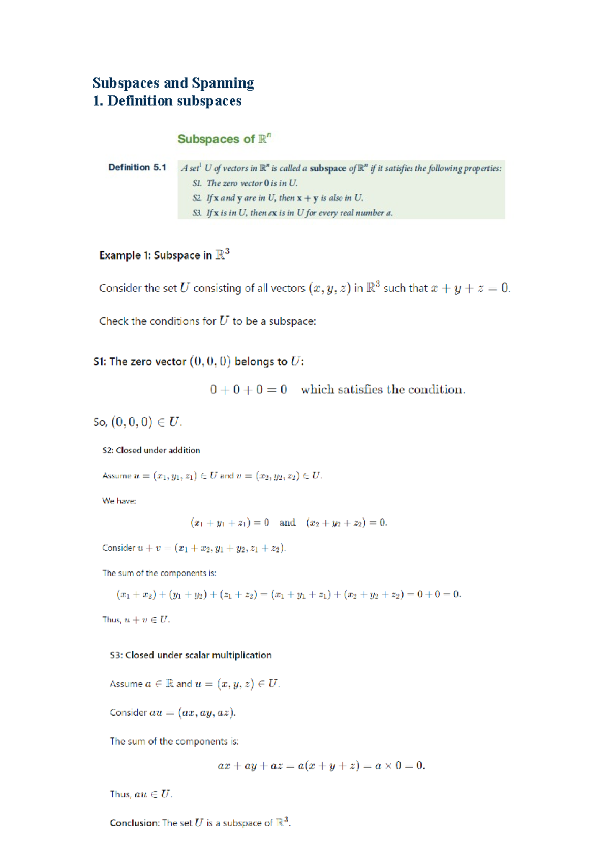 Linear Algebra: Subspaces and Spanning Vectors Overview - Studocu