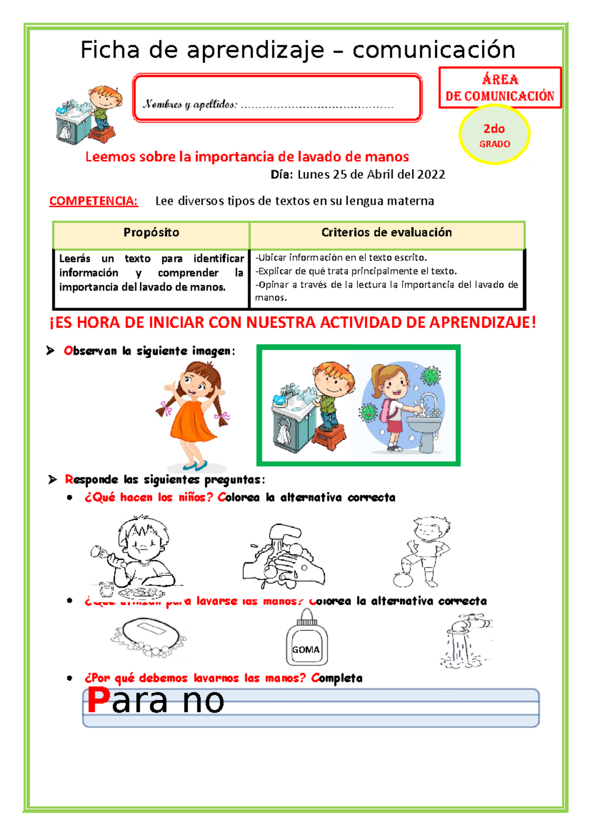 Ficha Comunicación Lavado de Manos 2DO - Aprendizaje Activo - Studocu